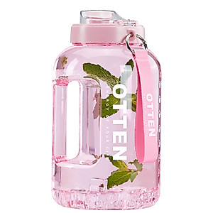 OTTEN Gallon Water Bottle with Time Marker - Water Bottles with Bottle Brush, Reusable Tritan Gym Water Bottle with Handle, BPA Free Leak Proof Water Jug (Pink, 128 Ounces)