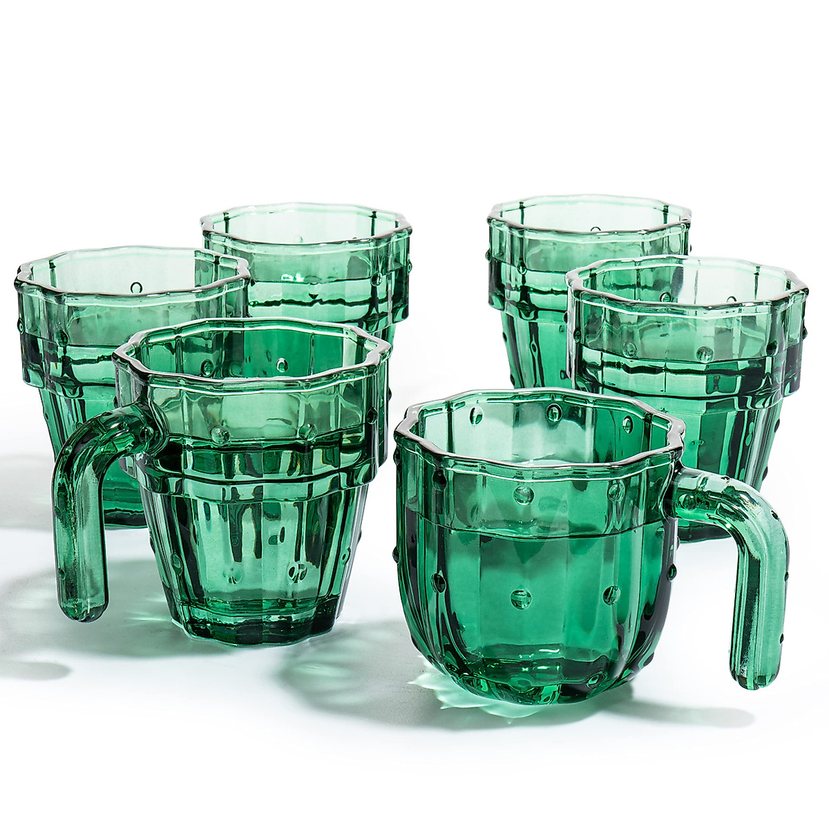 Cactus Stackable Glasses, Stacktus Gifts, Set of 6-10 oz Cactus Shape Glasses With Handles Green Glass Blown Figurines Plant Decorations for Parties 5" H 5" W - Copyright Design, Patent Pending