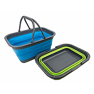 SAMMART 12L (3.17Gallon) Set of 2 Collapsible Tub with Handle - Portable Outdoor Picnic Basket/Crater - Foldable Shopping Bag - Space Saving Storage Container (Grass Green + Cerulean)