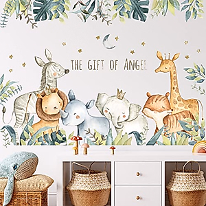 Animals Wall Sticker Green Leaves Wall Decal Cute Elephant Giraffe Zebra Wall Decals Cartoon Moon Stars Wall Mural for Nursery Kids Room