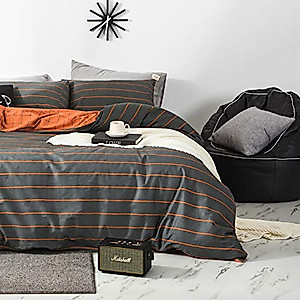 YuHeGuoJi Grey Striped Duvet Cover Queen 100% Cotton Orange Plaid Duvet Cover 3 Pcs Set 1 Reversible Gingham Duvet Cover with Zipper Ties 2 Pillowcases Neutral Modern Gray Geometric Bedding