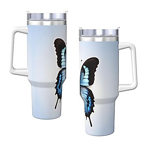 HULIBIN Blue Butterfly Print Double Deck Stainless Steel Travel Coffee Cup With Lid 40 Oz Ice Bully Cup