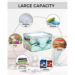 Qumstemily Marble Storage Bins for Shelves, Jade Texture Green Teal Collapsible Storage Boxes Basket for Bedroom/Kitchen, Closet Organizers with Handle, Marble Ink Paint Storage Cubes - 1 Pack