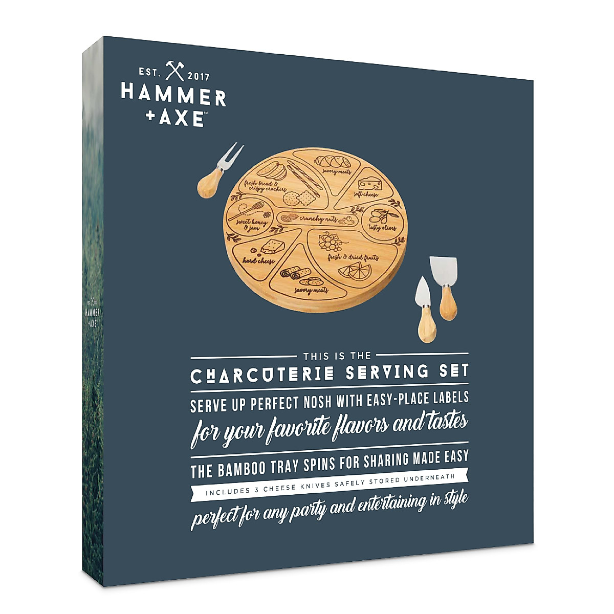 Hammer + Axe Charcuterie Board Set - Rotating Serving Cheese Board with Utensil Tools & Easy-Place Labels - Bamboo Charcuterie Boards Gift Set - Compact & Space-Saving Cheese Platter Tray & Knife Set