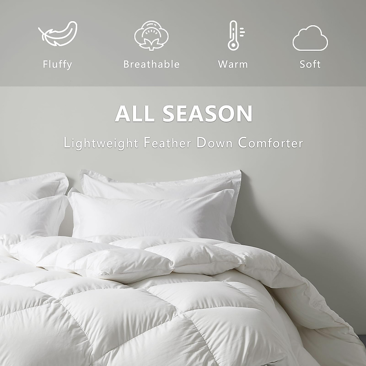zzlamb All Season Warm Feather Down Comforter Lightweight Duvet Insert Queen Size, Durable Cotton-Blended Down Proof Shell Duvet Insert with Corner Tabs, Queen Size 90''x90'' White