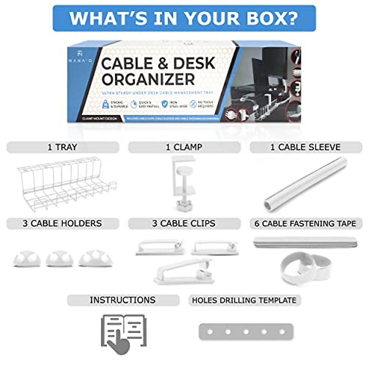 MANA'O Clamp-On Cable Management Tray Kit. Under Desk Storage Cord Organizer with Clamp! and Accessories - Cable Clips, Strips of Fastening Tape