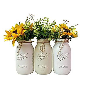 Set of 3, 4, or 5 - Painted Distressed Mason Jars - Choose Pint 16 oz or Quart 32 oz, Your Choice of Jar Colors, Artificial Flowers are Optional, Rustic Wedding Centerpieces for Tables Mason Jars