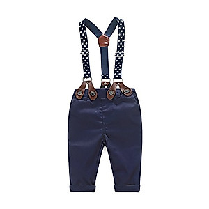 Kimocat Toddler Boy Clothing Sets Plaid Shirt Bowtie and Suspender Strap Pants Outfits (Blue, 0-6month(70#))