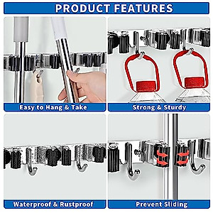 romise Mop Broom Holder Wall Mount, Laundry Broom Holder Organizer Storage Tool Wall Hanging with 5 Racks 4 Hooks, Stainless Steel Heavy Duty Garage Self Adhesive Tool Hanger for Home Garden Kitchen