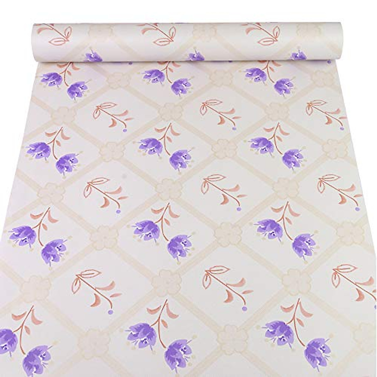 HOYOYO Beige Geometric Rhombus Flowers Self-Adhesive Liner Paper,Purple Blossom Removable Peel and Stick Dresser Cabinets Furniture Table Desk Home Decor 17.8 x 118 inch