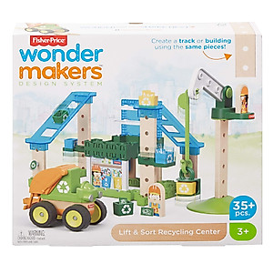 Fisher-Price Wooden Building Toy Wonder Makers Design System Lift & Sort Recycling Center, 35 Wood Piece Playset for Preschool Kids Ages 3+ Years