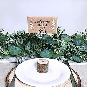 30 Pcs Rustic Wood Place Card Holders with Swirl Wire Wooden Bark Memo Holder Stand Card Photo Picture Note Clip Holders 5.8" and Kraft Place Cards Bulk for Wedding Party Table Number Name Sign