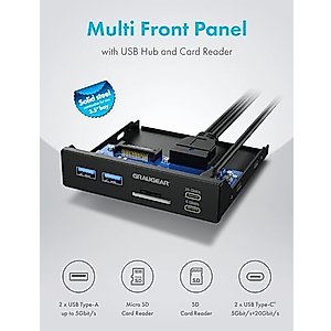 GRAUGEAR 3.5 Inch Front Panel USB C Hub, SD/microSD Internal Card Reader, 20Gbps USB 3.2 Gen 2x2, 20-pin Type-E Key-A Header & USB3.0 Header & 15-Pin SATA Power Connector Required [G-MP01CR]