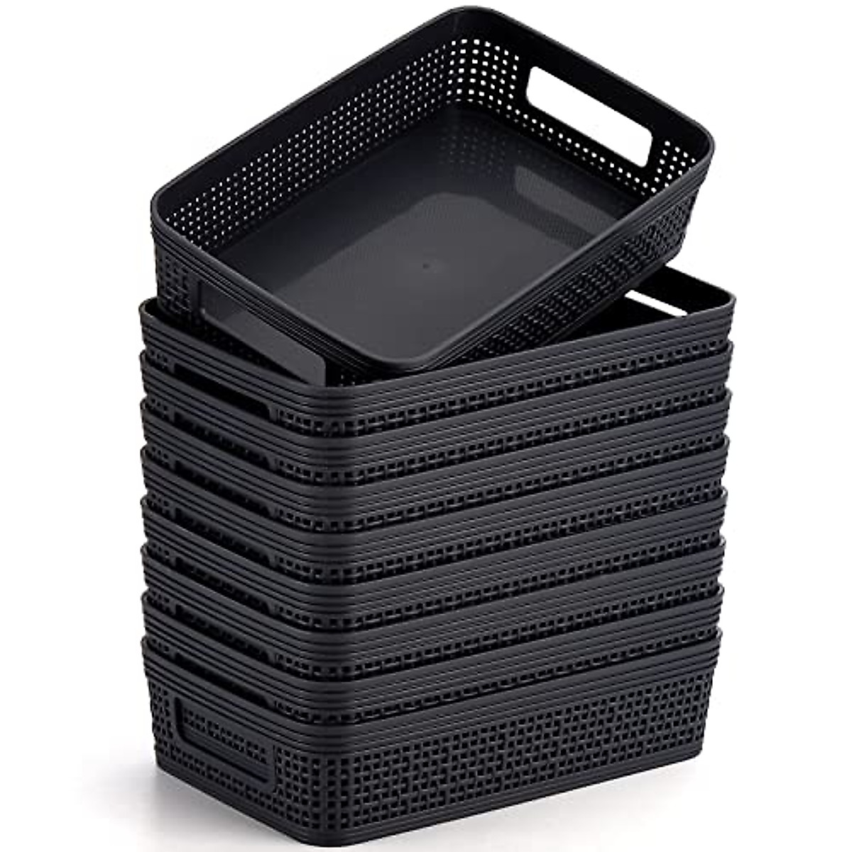 Frcctre 9 Pack Plastic Storage Baskets, Small Plastic Woven Storage Basket with Handles, Stackable Desktop Organizer Bins for Home, Kitchen, Pantry, Office, School, Classroom, 9.75"LX6.4"WX2.4"H