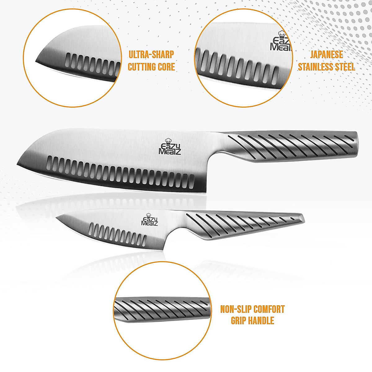 EaZy MealZ Super-Max Sharpness 2 Piece Knife Set | Stainless Steel | Non-Slip Comfort Grip | Professional Quality | All-Purpose | 7” Santoku & 4” Chef’s Knife