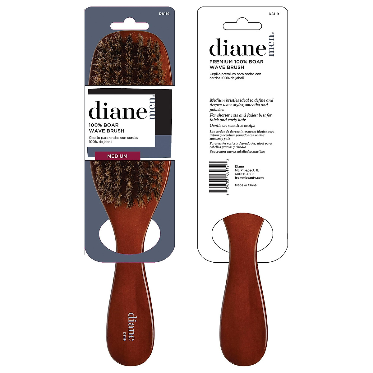 Diane Premium 100% Boar Bristle 7 Row Wave Brush for Men and Barbers, Medium-Firm Bristles for Thick Coarse Hair, Detangling, Smoothing