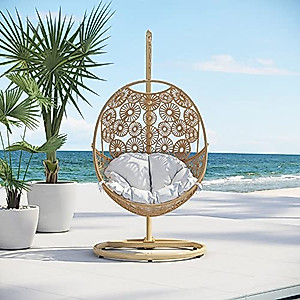 Zuri Furniture Modern Bay Tan Basket Swing Chair White Cushion with Stand