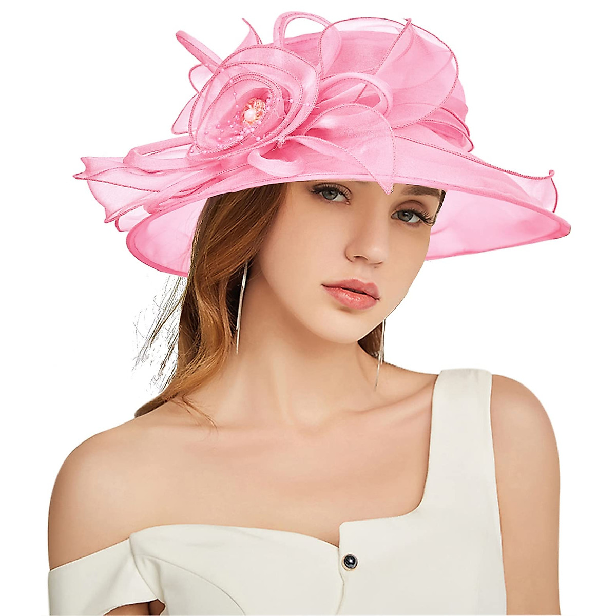 TLMNU Organza Fascinator Hat - Women¡¯s Wide Brim Church Bridal Tea Party Wedding Hat 03Rose