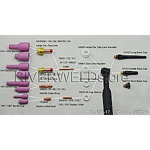 RIVERWELD 22pcs TIG Collet Bodies 10N30 10N31 10N32 10N28 406488 Collets TIG Back Caps 57Y02 57Y03 57Y04 Alumina 10N46 10N47 10N48 10N49 Cup Gasket 18CG Kit Fit WP 17 18 26 TIG Welding Torch