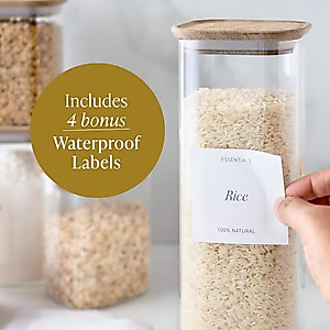 Bloom & Breeze Airtight Glass Pasta Containers for Pantry, Spaghetti Container, Glass Cereal Containers Storage, Rice Dispenser, Square Glass Storage Acacia Lids, Pack of 4, 32oz
