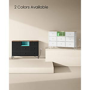 SONGMICS Dresser with Power Outlets and LED Lights, Fabric Chest of Drawers, 25 Colors, 8 Drawers, TV Stand for up to 60 Inch TVs, 11.8 x 47.2 x 31.3 Inches, Cloud White and Oak Beige ULTS518W01