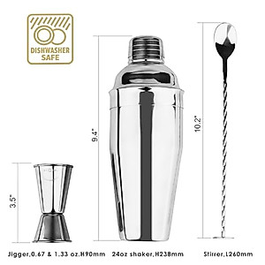 Arora 24OZ Cocktail Shaker Mixer Set, 3Pcs Bar Acccessories Including Martini Shaker, Long Handle Mixing Stirring Spoon, Cocktail Jigger for Bartending, Ideal Mixology Bartender Kit Home Bar Gift
