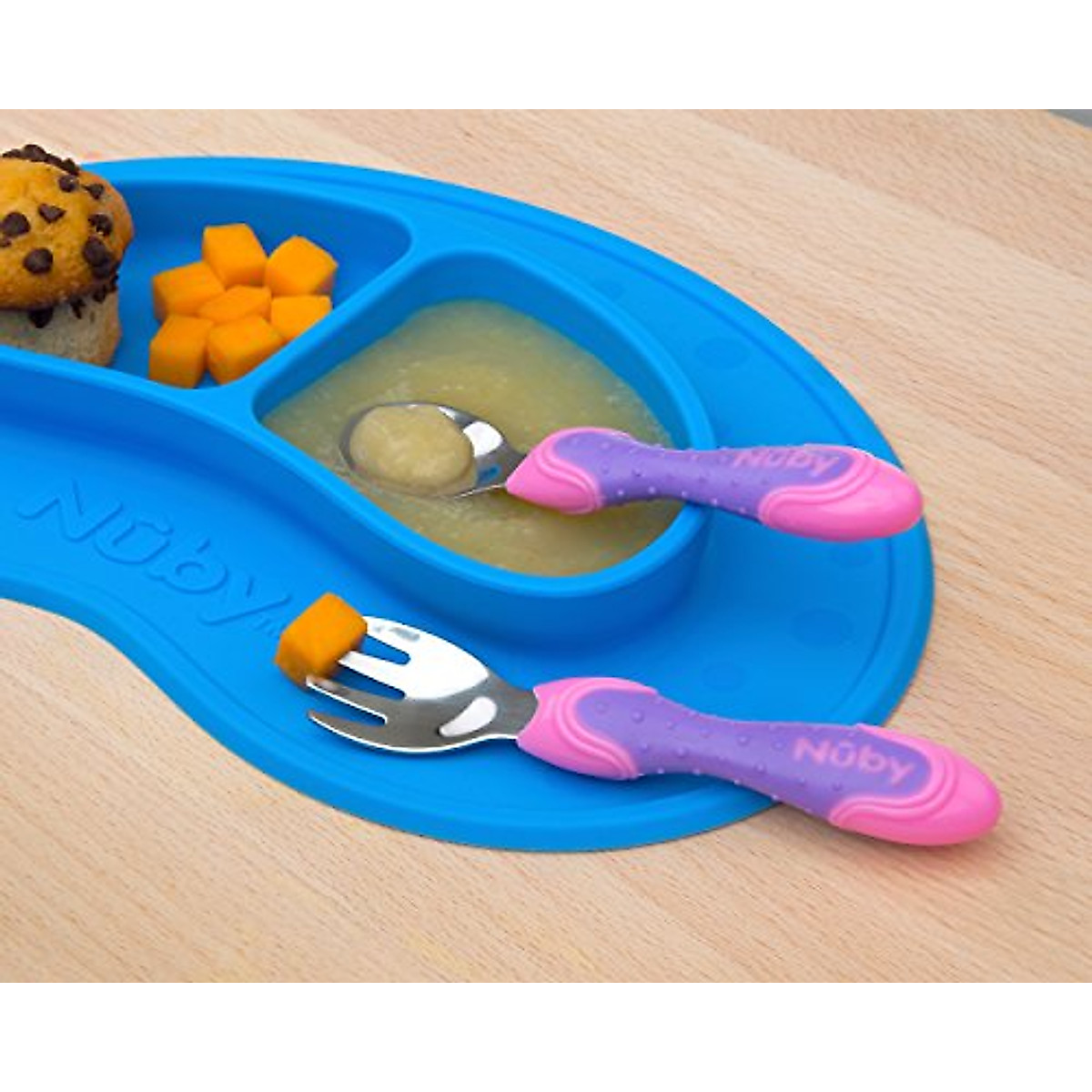 Nuby Stainless Steel Utensil, Pink/Purple, 2 Piece