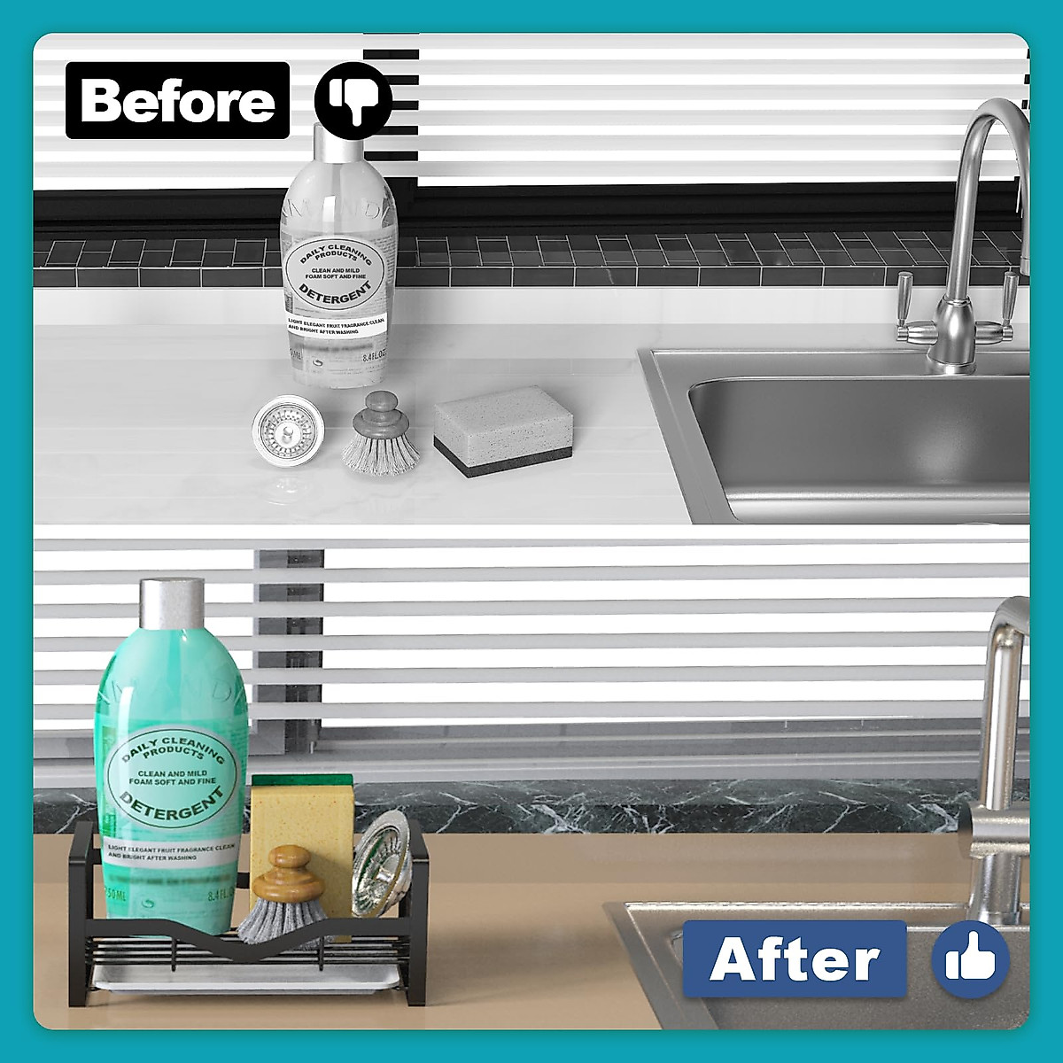 VANTEN Kitchen Sink Caddy Sponge Holder Black Large Sponge Holder for Kitchen Countertop Organizer, Soap Dish Scrubber Holder Tray Storage Kitchen Accessories - Not Include Sponge, Dispenser, Brush