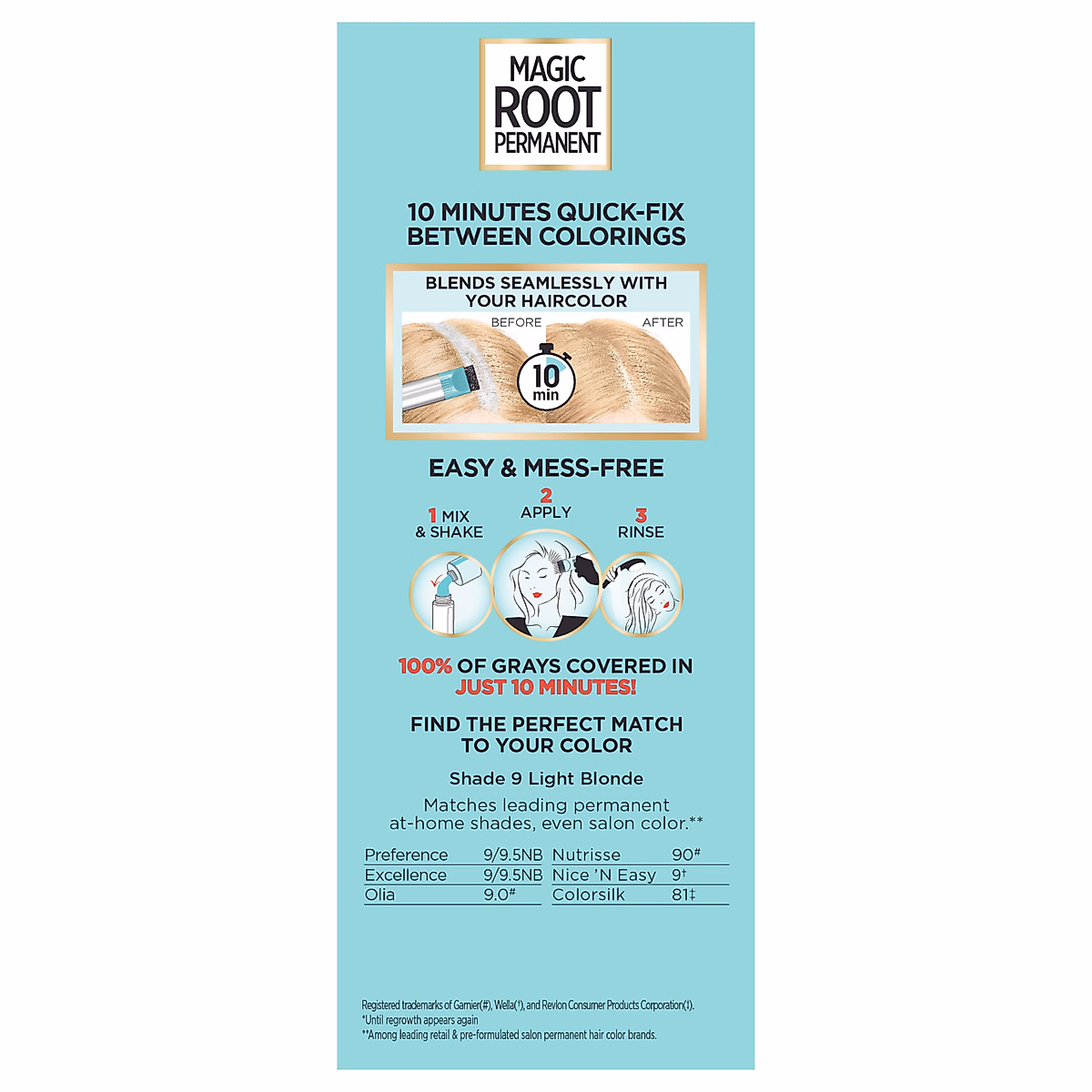 L'Oreal Paris Magic Root Rescue 10 Minute Root Hair Coloring Kit, Permanent Hair Color with Quick Precision Applicator, 100 percent Gray Coverage, 9 Light Blonde, 1 kit (Packaging May Vary)