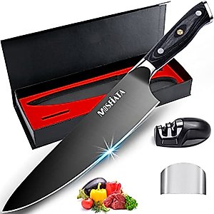 MOSFiATA 8” Super Sharp Titanium Plated Chef's Knife for Kitchen with Finger Guard and Knife Sharpener in Gift Box, High Carbon German Stainless Steel EN1.4116 Titanium Coated Stylish Cooking Knife
