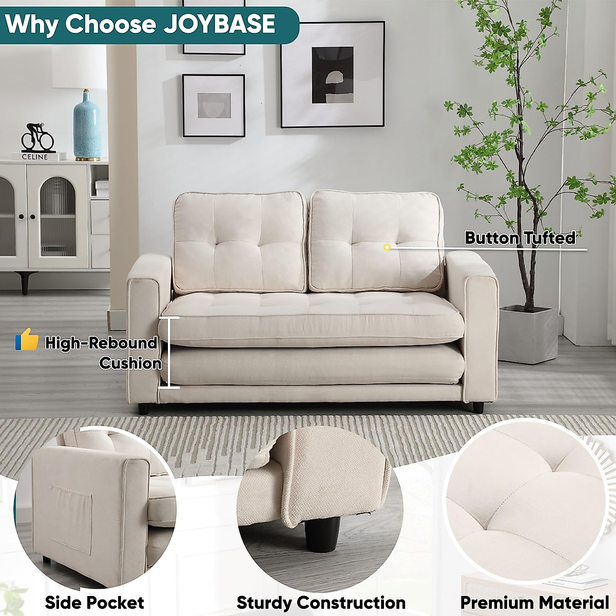 JOYBASE Sleeper Loveseat Pull Out Sofa Bed, Modern Upholstered Convertible Pull Out Couch Sleeper Sofa for Living Room (Beige, Fabric)