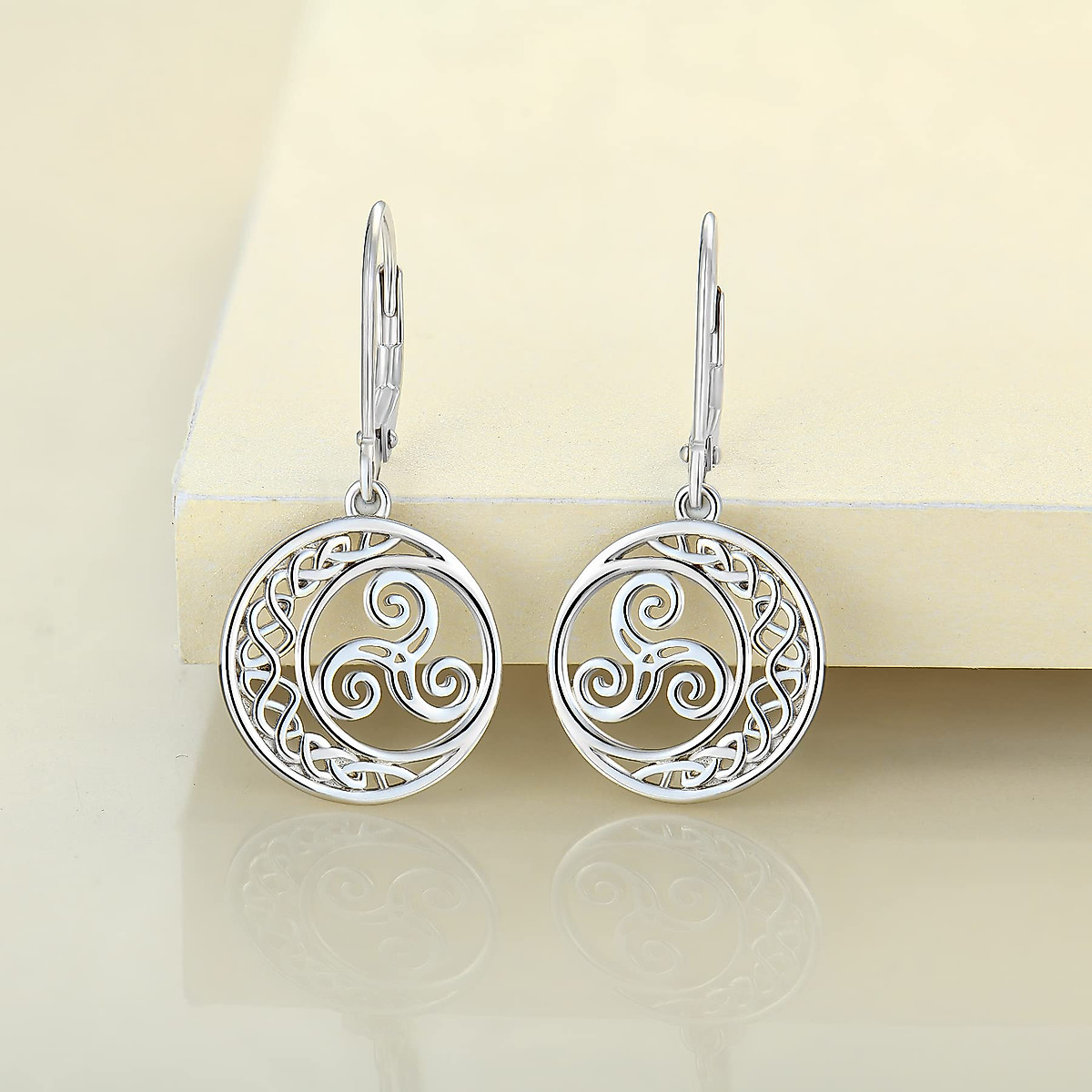 YL Celtic Knot Earrings 925 Sterling Silver Triskele Dangle Drop Earrings 18k White Gold Triskelion Moon Leverback Jewelry for Women