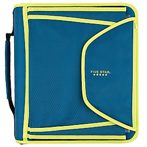 Five Star® Zipper 3-Ring Binder With Expanding File, 2" Round Rings, Teal/Chartreuse
