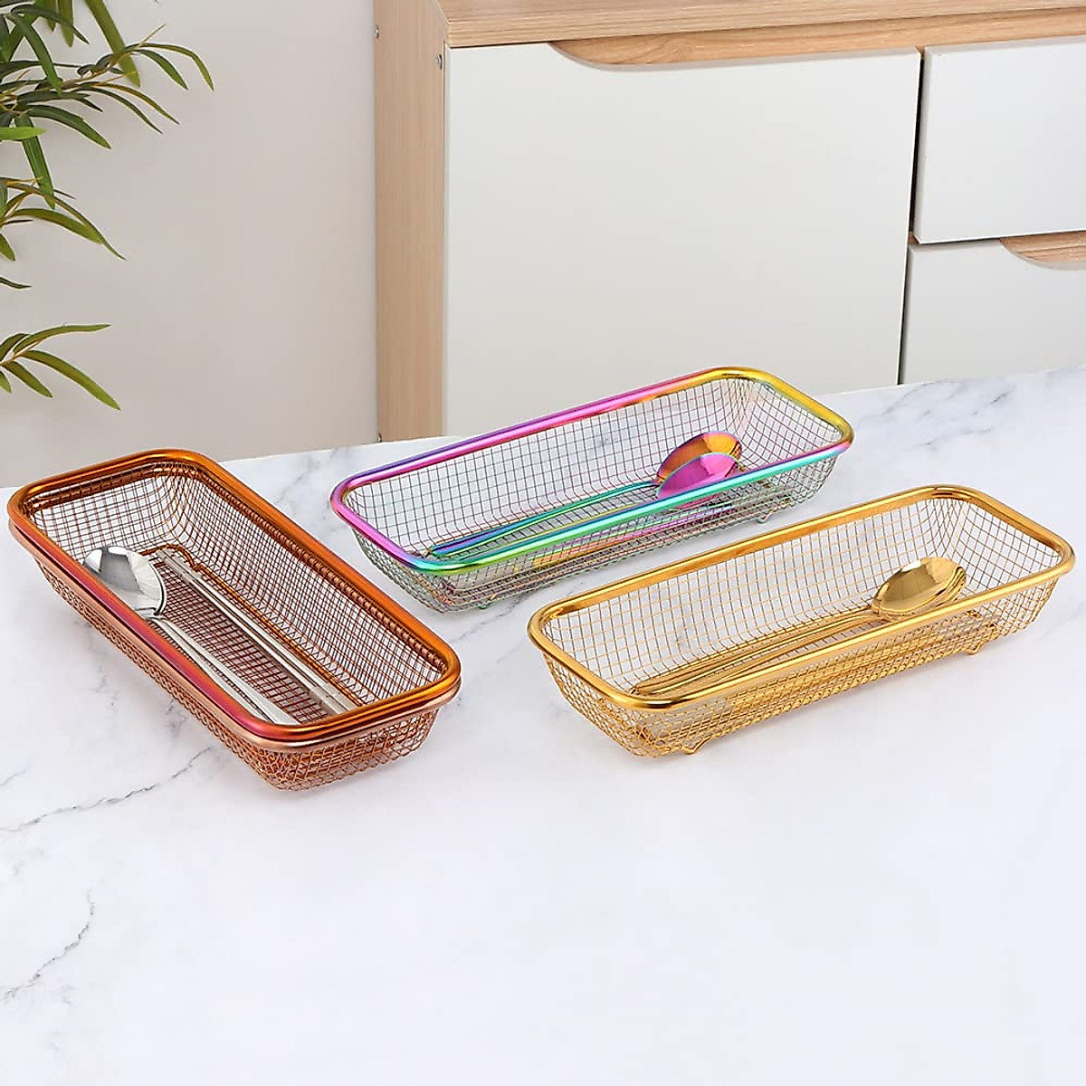 BYEGOU Kitchen Drawer Organizer, Stainless Steel Storage Container Rose Gold Metal Cabinet Storage Basket for Holding Silverware Kitchen Utensil, Pack of 2