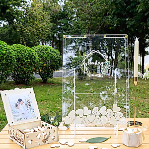 AerWo Wedding Guest Book Alternative, Guest Book Wedding Reception, Acrylic Guest Book Drop Box with Stand, Plywood Box, 100 Wooden Hearts and Marker Pen, Wedding Signs for Ceremony and Reception