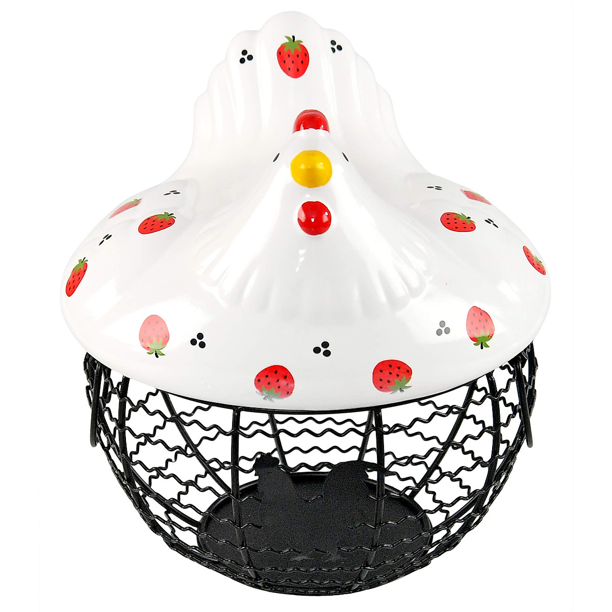 HOME-X Chicken Egg Basket for Egg Storage, Ceramic and Iron Decorative Basket with Chicken Design, Farmhouse Kitchen Decor, Holds 20–25 Eggs, Strawberry Print