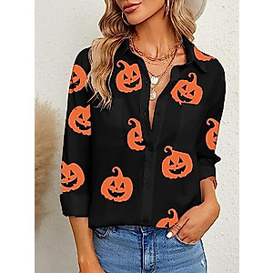 Nulibenna Halloween Button Down Shirts Tops for Women Long Sleeve Pumpkin Graphic Print Blouses