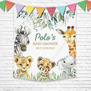 Personalized Safari Baby Shower Backdrop, Custom Name Date Jungle Animals Baby Shower Background for Boy, Baby Shower Party Photo Booth Backdrop Banner,Safari Baby Shower Decorations for Boy