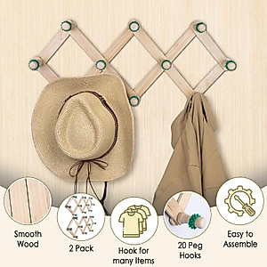 Wooden Expandable Accordion Wall Hanger,2 Pack Including 20 Peg Hooks,Perfectly Hook for Coats, Mugs,Coffee, Coat,Keys, Hat Rack,X Shap,Make Living Room Decorative and Neat,Rustic Style (White)