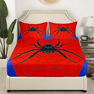 Spider Web Kids Sheet King Size,Black Spider Arachnid Insect Animals Bedding Set,Boys Girls Women Men Room Decor,Happy Halloween Red Blue Fashion Bed Sheet Set 4pcs(Fitted + Flat + 2 Pillowcases)