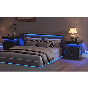 ChooChoo LED Nightstand with Charging Station,Smart Night Stand with Sliding Top Storage, 2-Drawers High Gloss Bedside Table, Modern End Table for Bedroom,Black