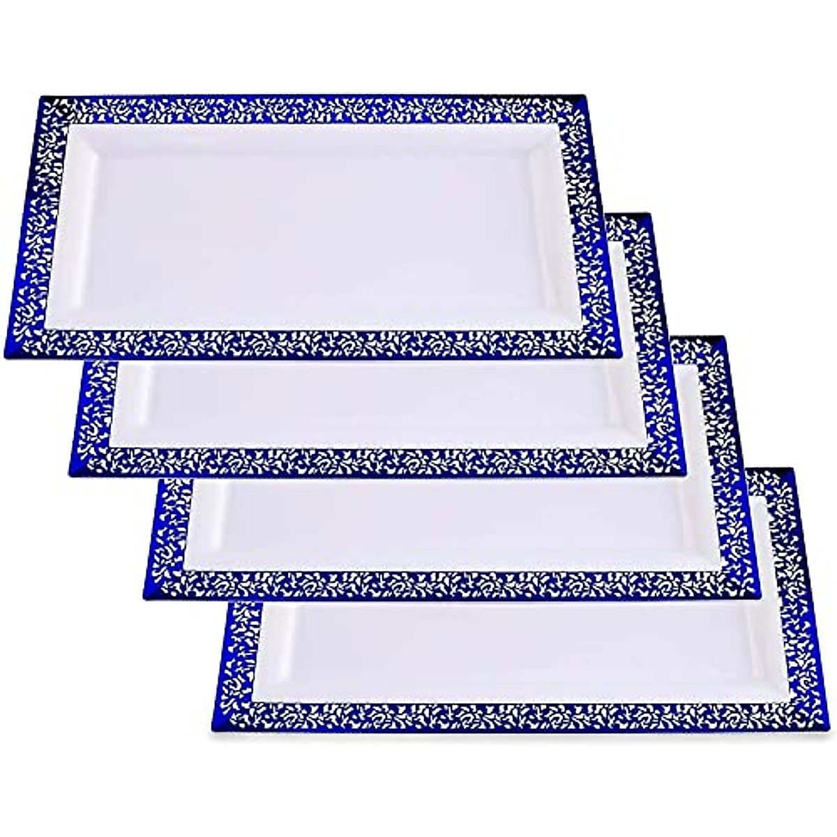 Yumchikel -Plastic Serving Tray & Platter Set (4pk)- Blue & White Lace Rim Disposable Serving Trays & Platters for Food - Weddings, Thanksgiving Parties, Dessert Table, Cupcake Display- 7.5x14 inches