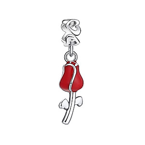 2024 Red Rose Flower Charm, 925 Sterling Silver Valentines Rose Enamel Pendant Necklace, Happy Mothers Day Bouquet Blossom Beads fit Pandora Women Bracelet, Gifts for New Mom Wifey Grandma