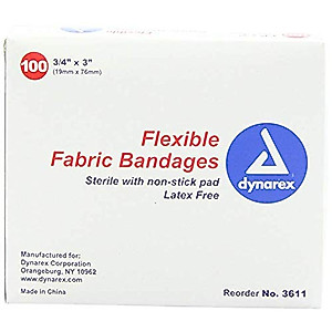 Dynarex Fabric Adhesive Bandages - Sterile & Flexible Fabric Bandages for Wounds - Non-Stick Pads - Individually-Wrapped First Aid Supplies - No Latex - 3/4x3", 100 Count(Pack of 1)