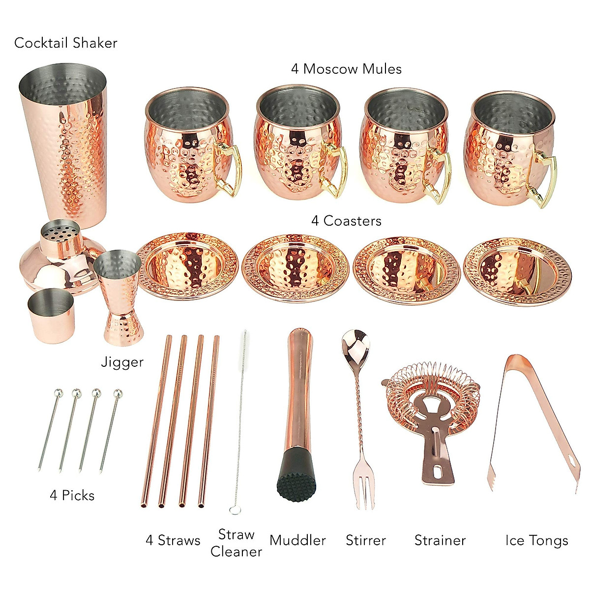 PG [Gift Set] Ultimate Moscow Mule SS Copper Plated Set 25PC | 3pc Cocktail Shaker, 4x Mugs, 4x Straws, 4x Cocktail Picks, Straw Cleaner, 4x Coaster, Strainer, Tongs, Muddler, Jigger, Stirrer