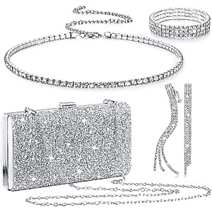 Ditard 4 Pieces Rhinestone Jewelry Set Women Clutch Purse for Prom Sets Wedding Bridal Bracelet Necklace Dangle Ear Clip Crystal Party (Noble Style), Silver