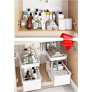 KirinRen Stackable 2-Tie Under Sink Cabinets Organizer With Sliding Storage Drawer, Pull Out Cabinets Organizer Shelf, Sliding Basket Organizer Drawer For Kitchen, Bathroom, Office (white)
