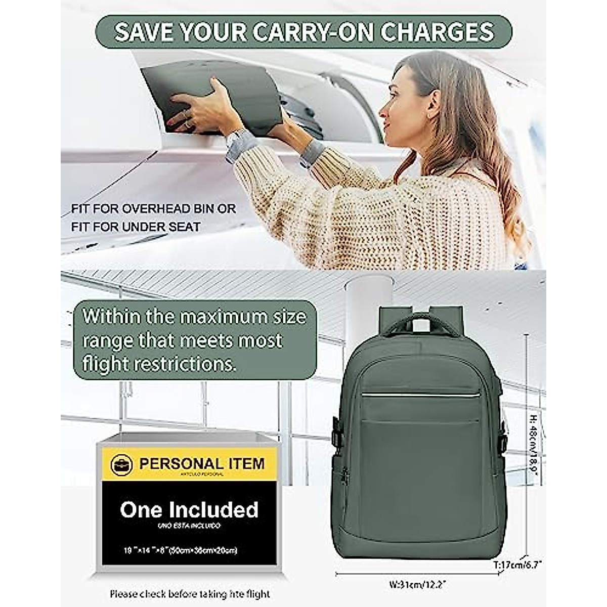 Travel Laptop Carry on Backpack for Women Men, Airline Flight Approved Waterproof 14 Inch Laptop Backpack, Casual Daypack College Personal item Bag Rucksack with USB Charging Port for Business, Green