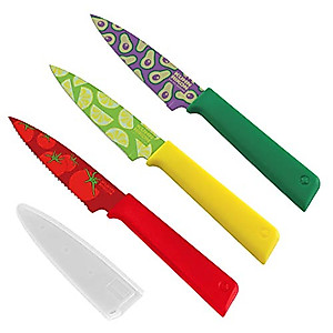 KUHN RIKON Colori+ Non-Stick Paring Knives with Safety Sheaths, Set of 3, 19 cm, Funky Fruit, Stainless Steel