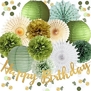 Olive Sage Green Birthday Party Decorations Green Gold Paper Pom Poms Streamers Paper Fans Lanterns Sage Green Gold Scatter Table Decorations for Birthday Wedding Bachelorette Bridal Baby Shower